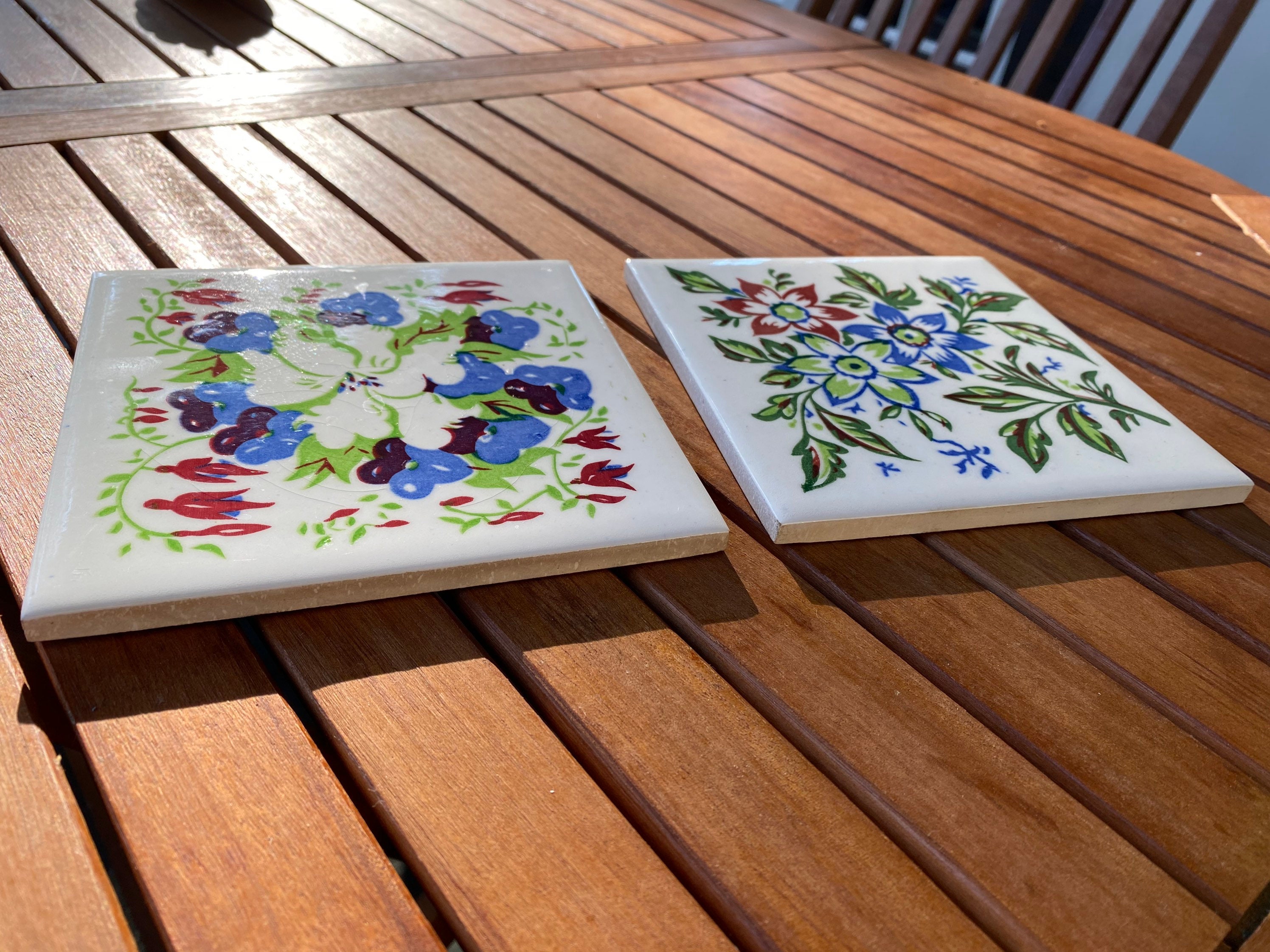Pair of Vintage Painted Wheeling Cushion Tiles. Gorgeous Floral Design ...