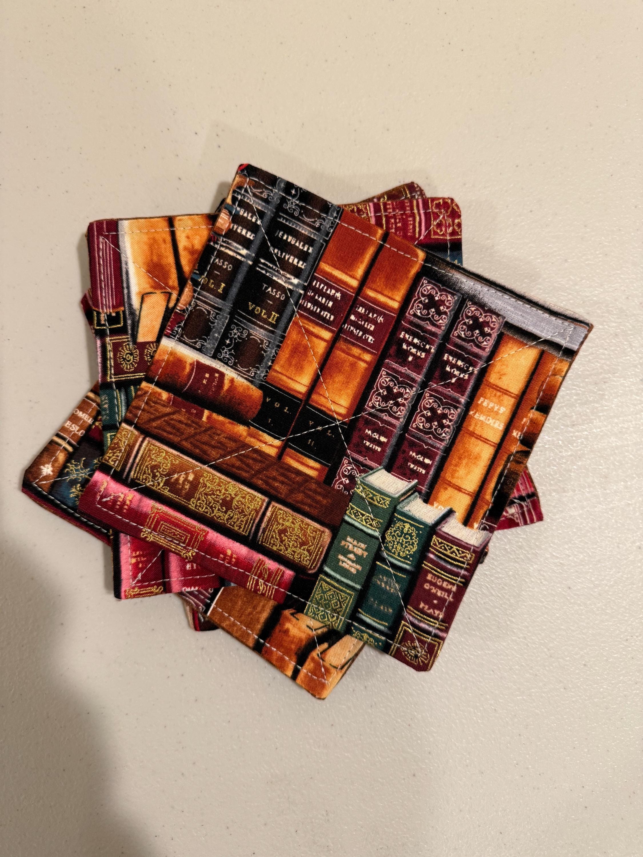 Set of 4 Quilted Cotton Fabric Coasters – Vintage Book Design, 5 ...
