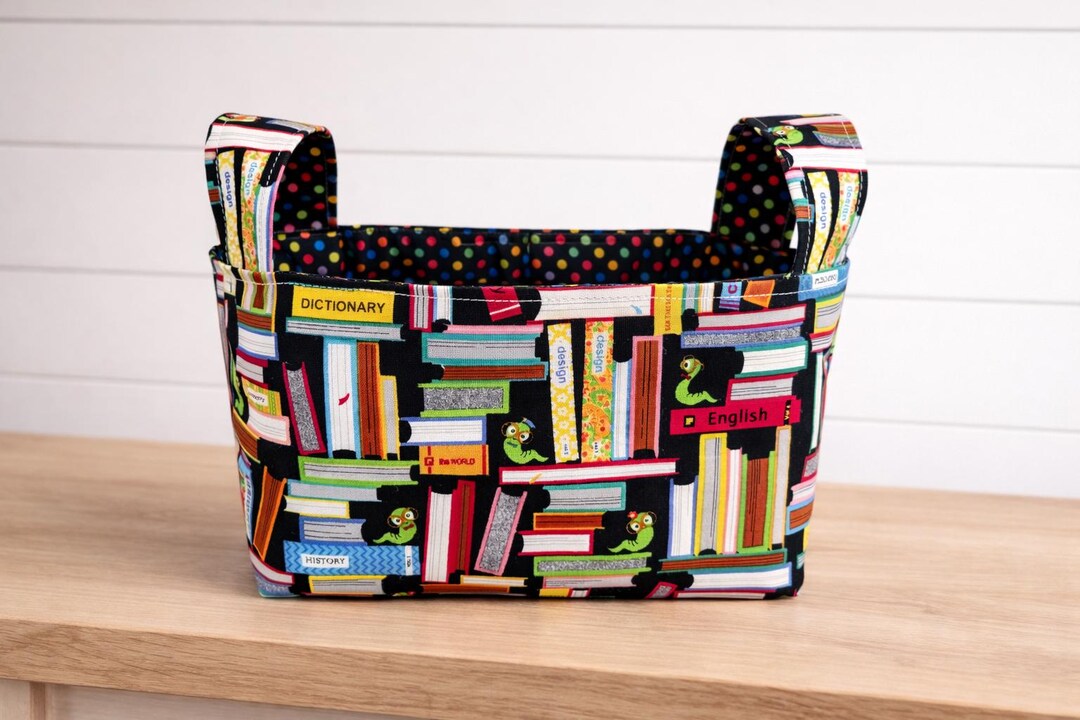 Bookworm Fabric Basket With Handles: Reusable Cotton Storage Bin - Etsy