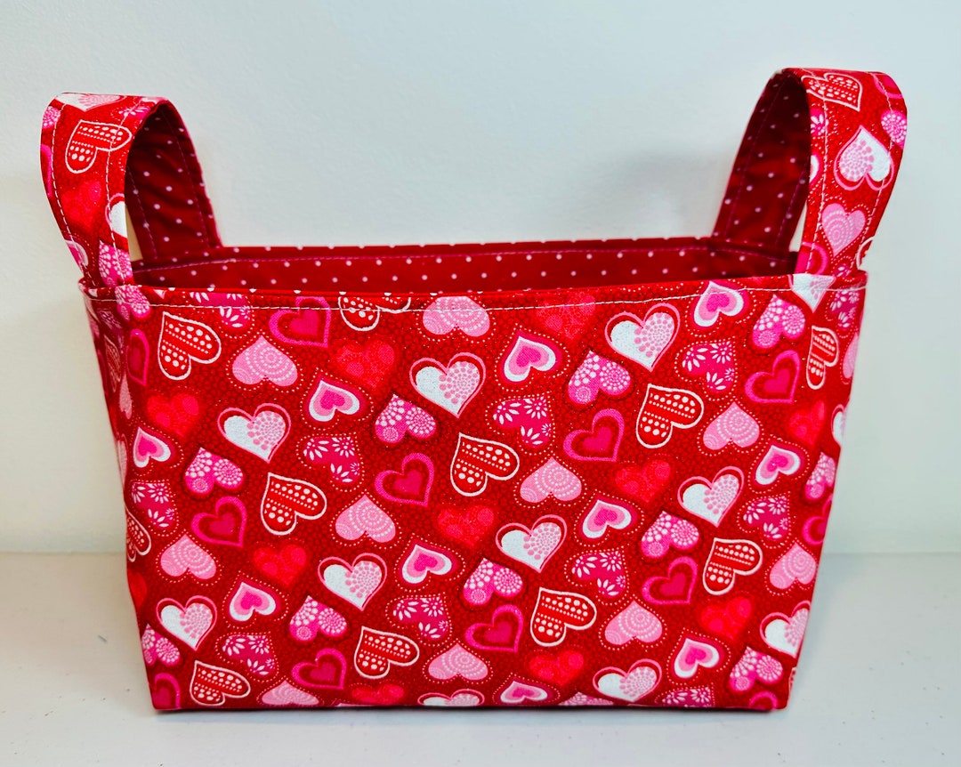 Sparkly Glitter Hearts Fabric Basket With Handles, Bin Container, Gift ...