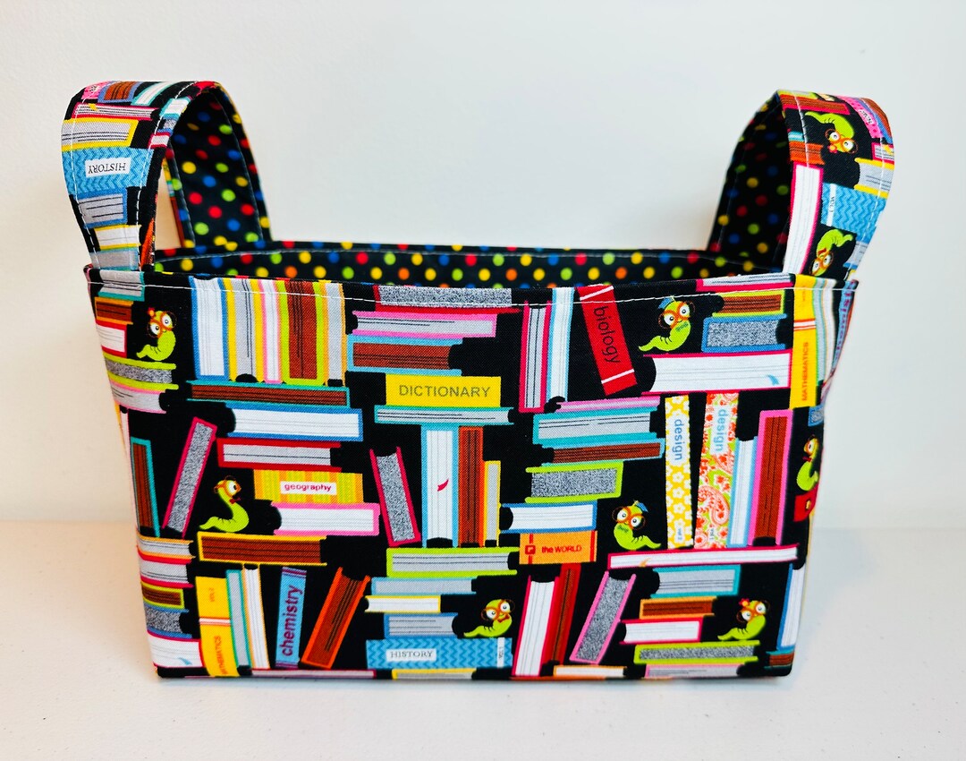 Bookworm Fabric Basket With Handles: Reusable Cotton Storage Bin - Etsy