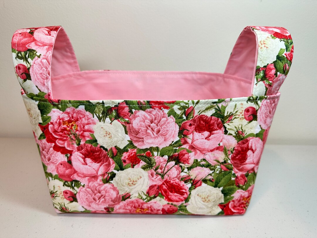 Pink Roses Floral Flower Fabric Basket With Handles/bin Container, K ...