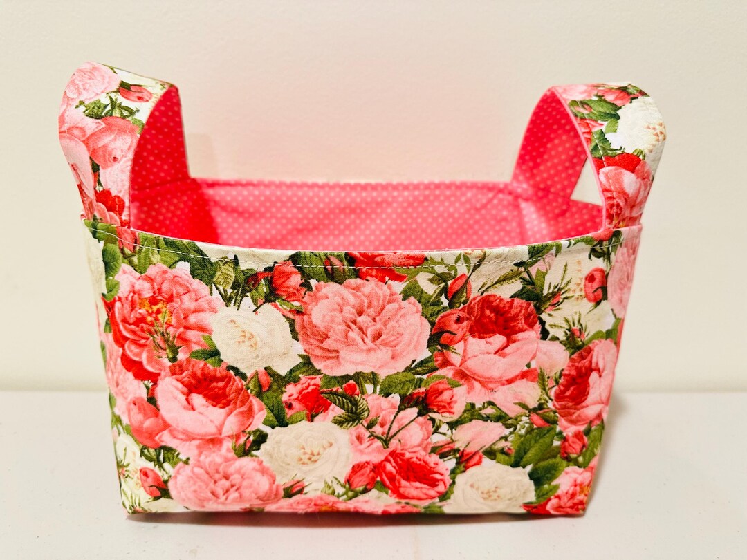 Pink Roses Floral Flower Fabric Basket With Handles, Bin Container, K ...