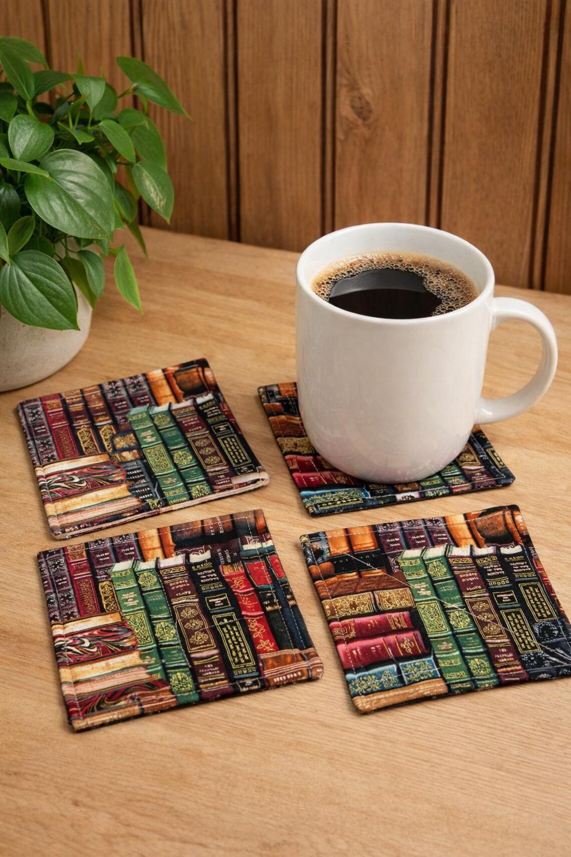 Set of 4 Quilted Cotton Fabric Coasters – Vintage Book Design, 5 ...