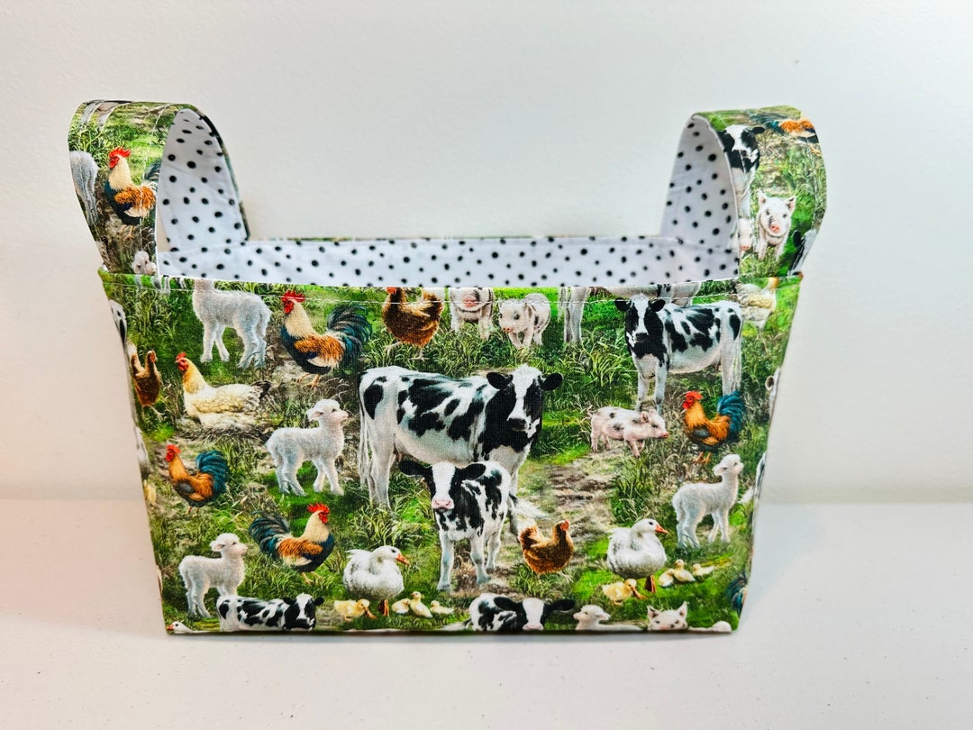 Country Farm Animals, Cows, Sheep, Roosters, Pigs Fabric Basket With ...