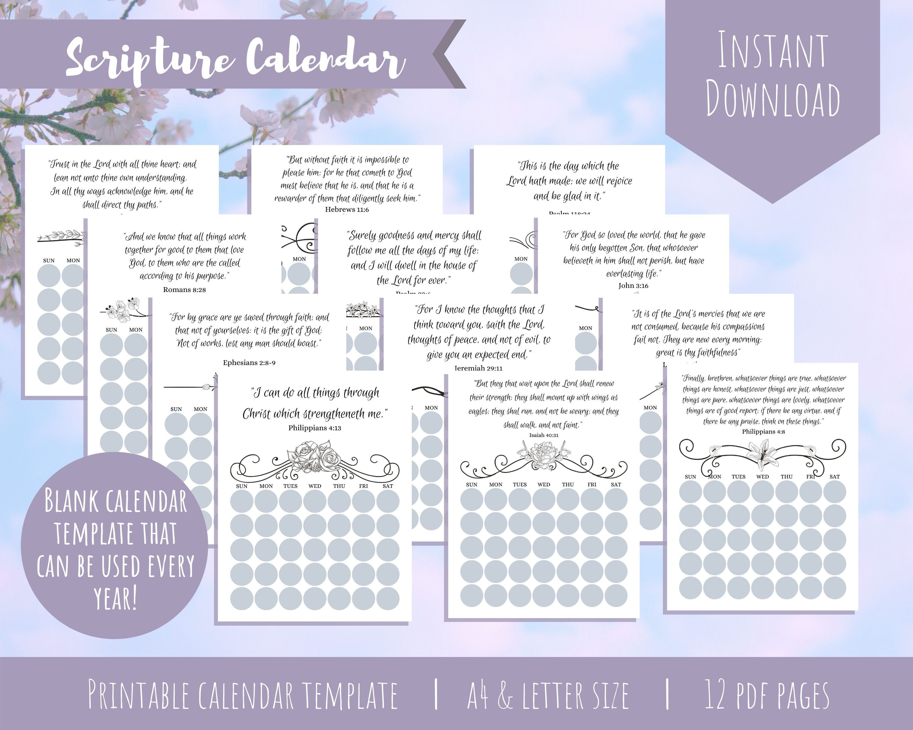 12 Month Scripture Calendar Template | Undated Calendar Printable - Etsy