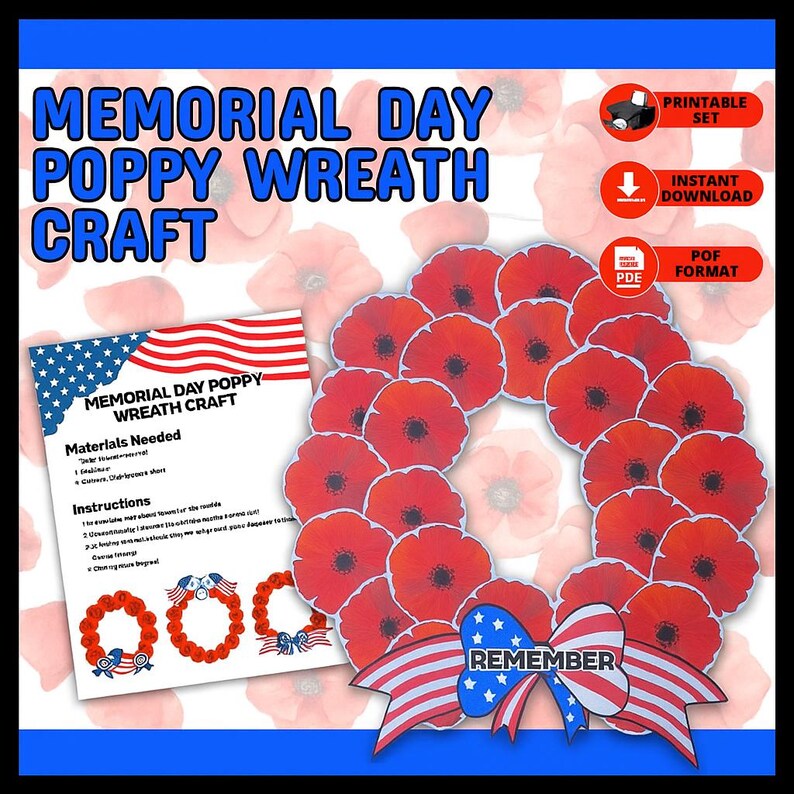 Memorial Day Poppy Wreath Printable – Patriotic Red Poppy Wall Art ...