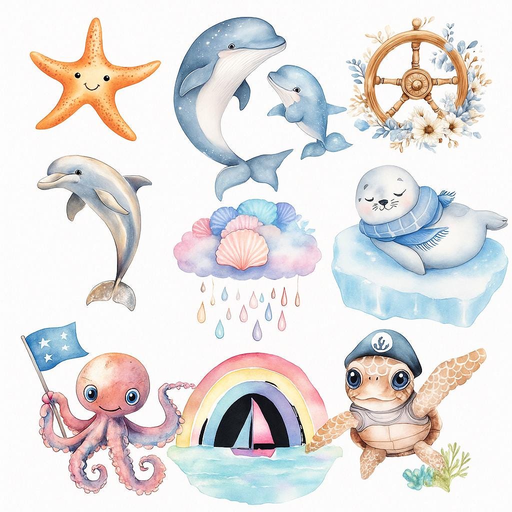 Watercolor Sea Life Clipart: Ocean Animals PNG Bundle (28 Piece Set) - Etsy
