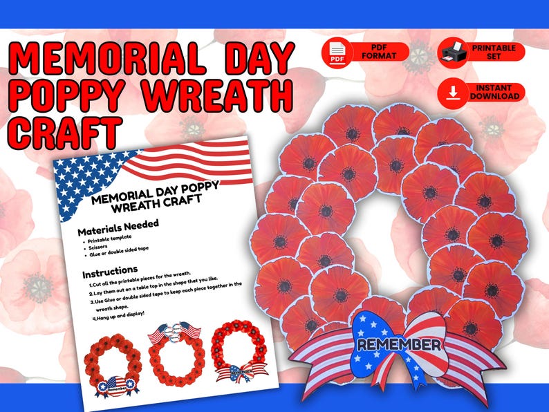 Memorial Day Poppy Wreath Printable – Patriotic Red Poppy Wall Art ...