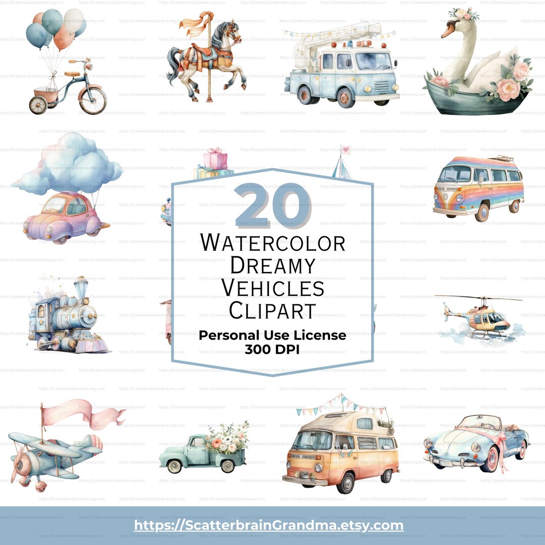 Watercolor Dreamy Vehicles Clipart Set | Pastel Baby Nursery ...