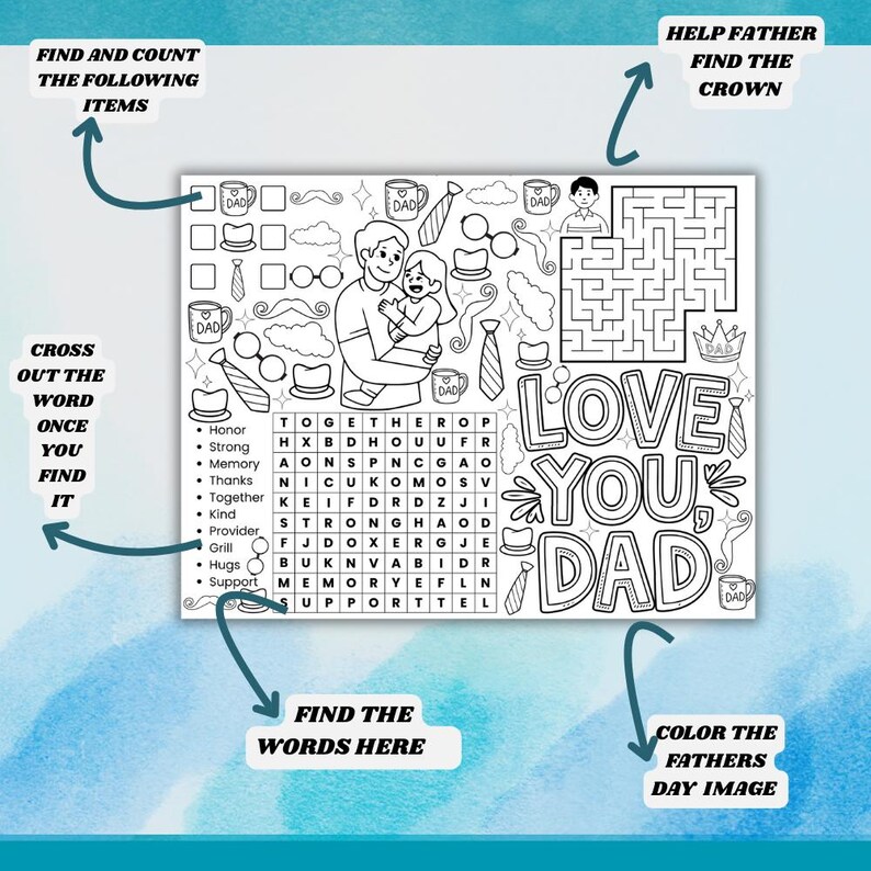 Father's Day Printable Placemat for Kids – Fun Activity Sheet, Coloring ...