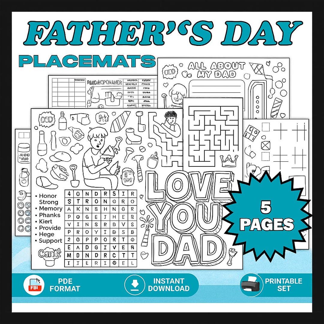 Father’s day Printable Kids Placemat • Coloring & Puzzle Activity Mat ...