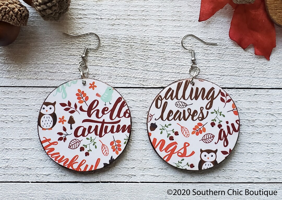 Cute Fall Print Large Circle Earrings, Hello Autumn Wood and Paper ...