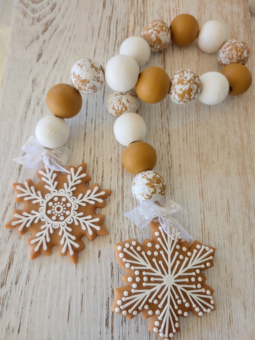 Gingerbread Snowflake Garland: Neutral Wood Bead Christmas Decor - Etsy