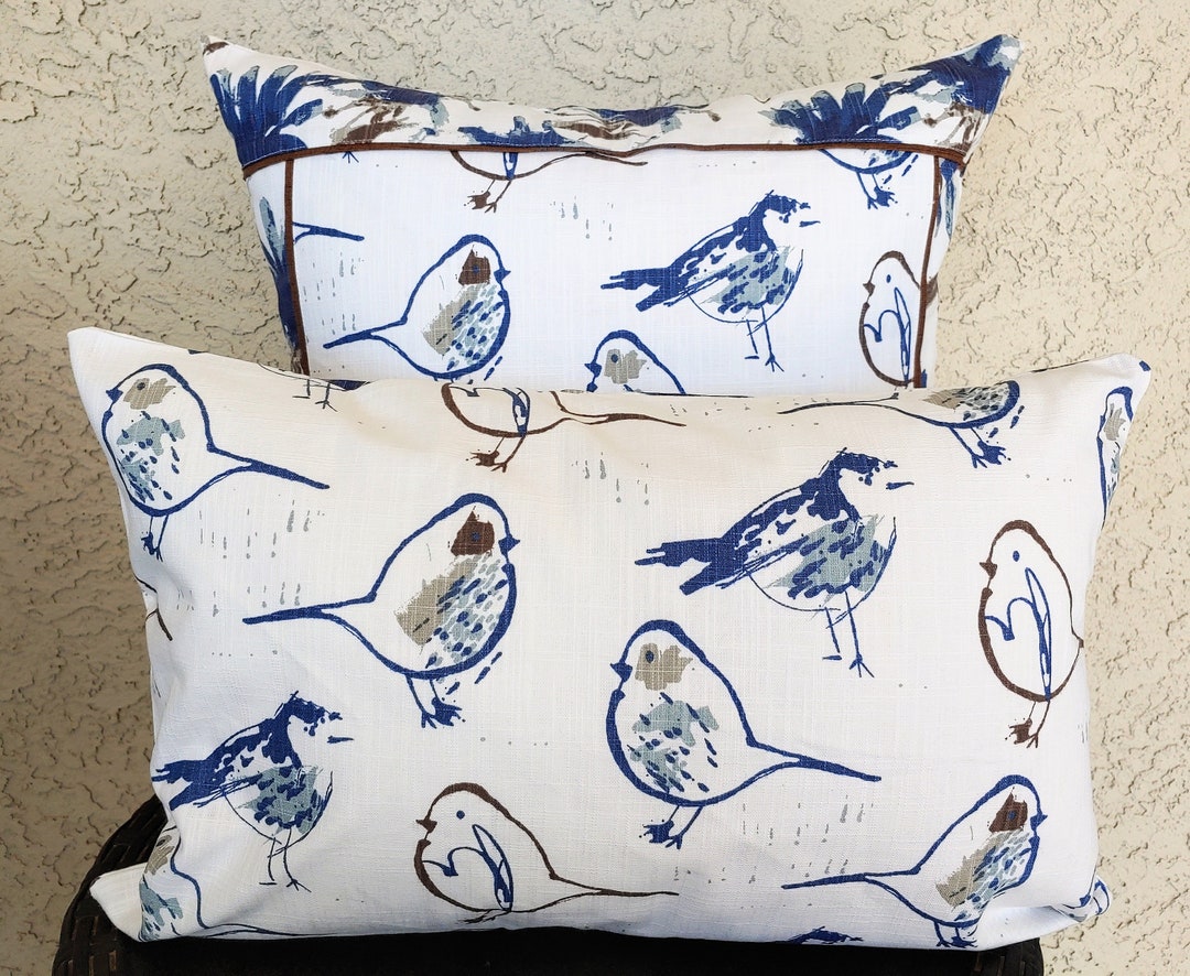 Blue Bird Toile Pillow Cover: Chinoiserie Slub Fabric, Home Decor - Etsy