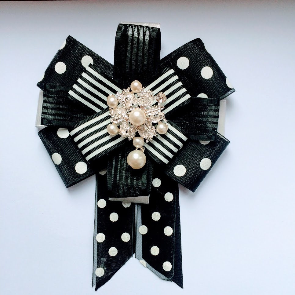 Gothic Steam Punk Victorian Brooch, Black Lace Polka Dots Ribbon Brooch ...