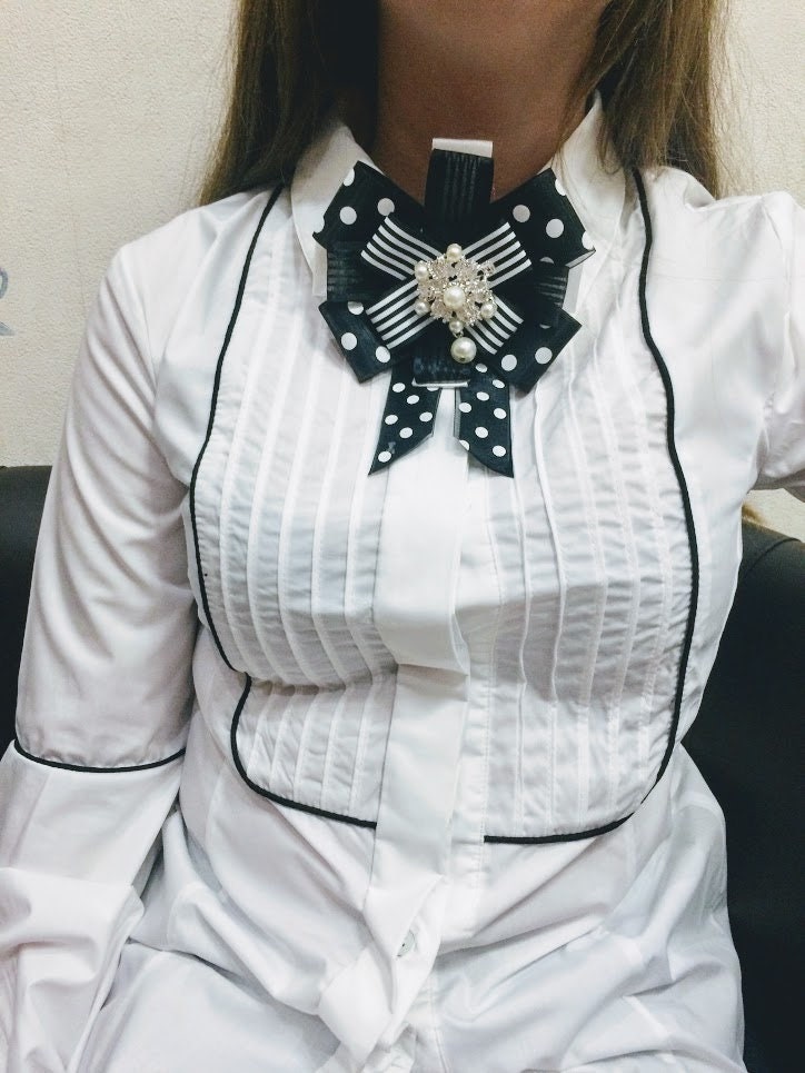 Gothic Steam Punk Victorian Brooch, Black Lace Polka Dots Ribbon Brooch ...