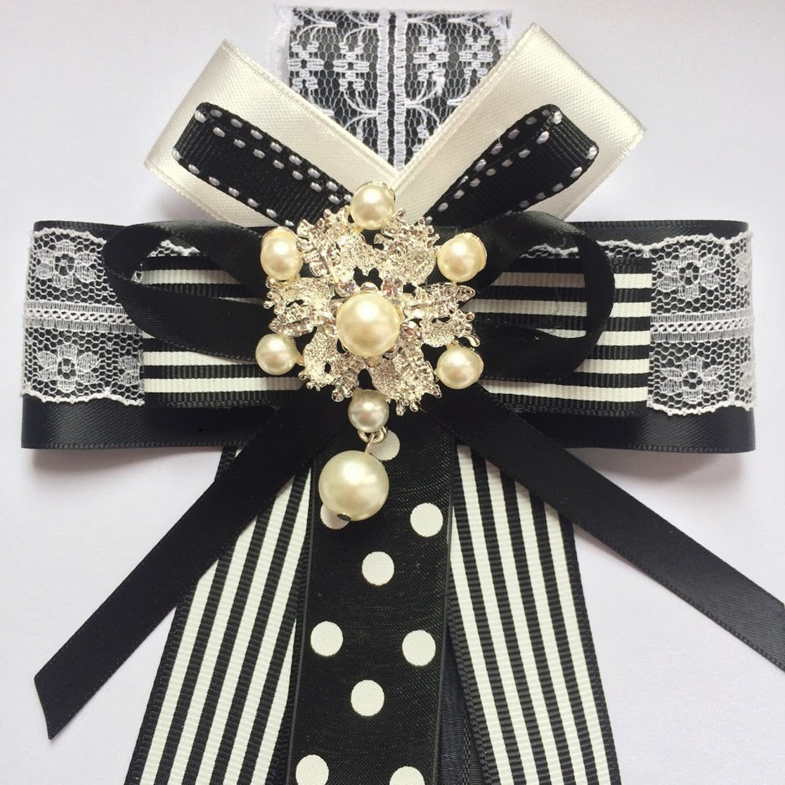 Gothic Steam Punk Victorian Brooch, Black Lace Polka Dots Ribbon Brooch ...