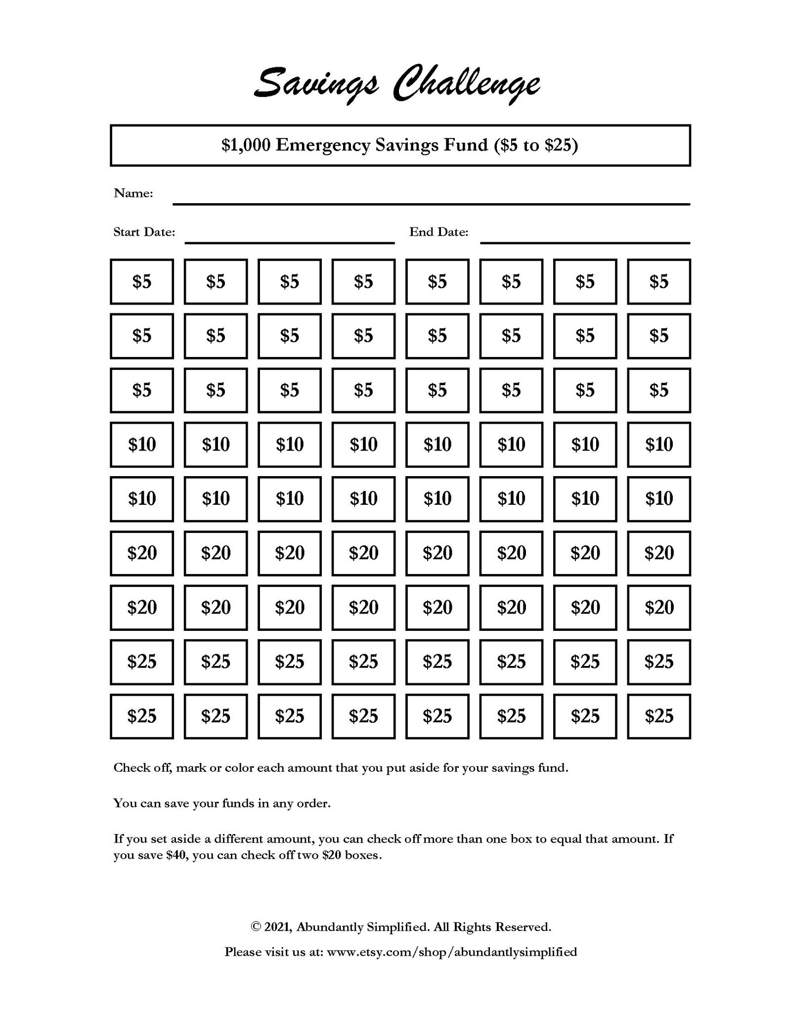 Instant Download - Savings Challenge | Savings Tracker | 1,000 ...