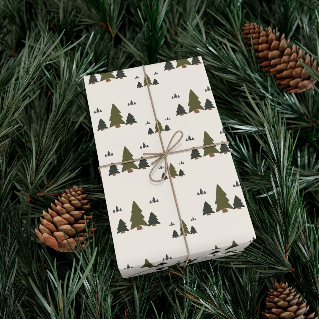 Minimalist Christmas Tree Gift Wrapping Paper- Evergreen Fir Dark Green ...