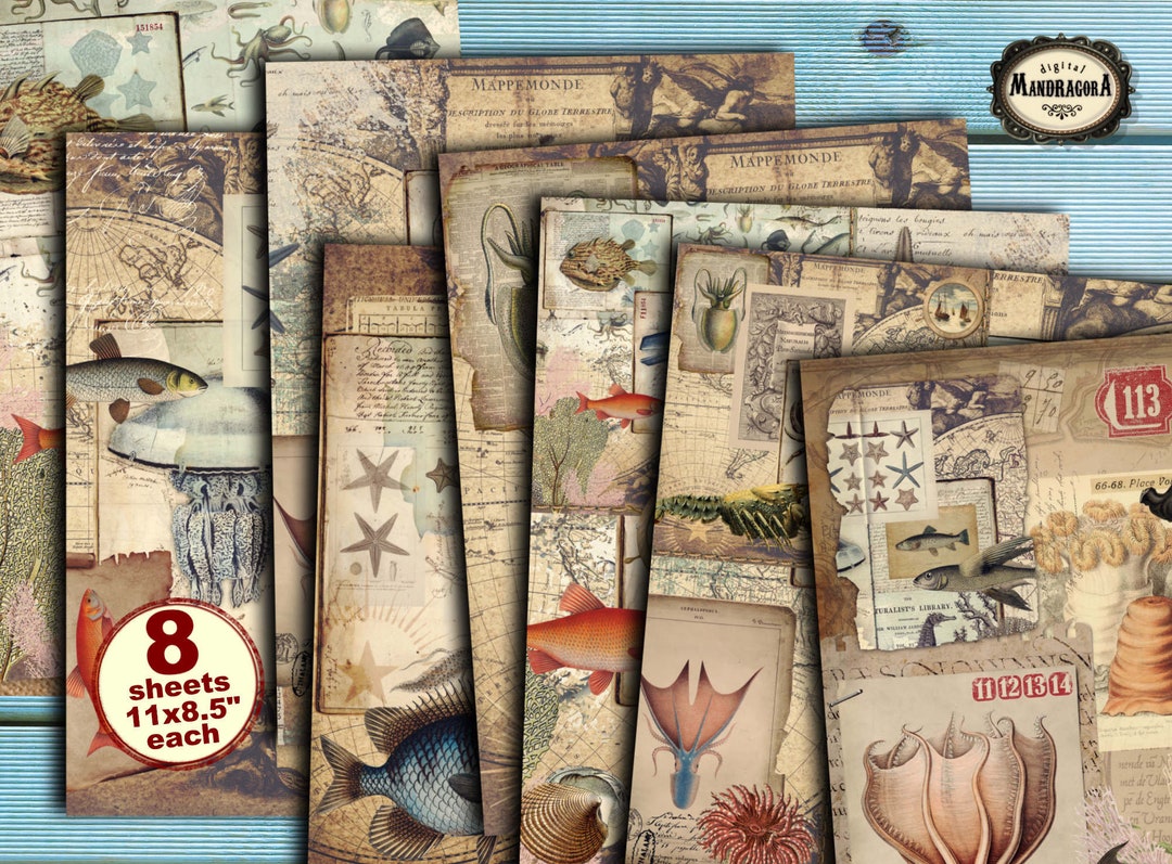 Sea Creatures Vintage Nautical Decorative Scrapbooking Ephemera Collage ...