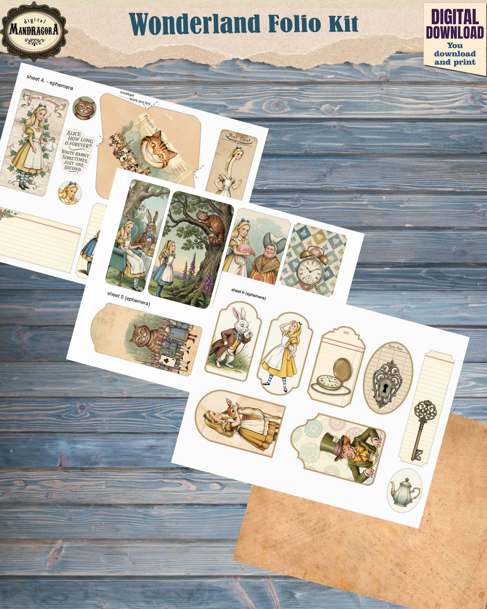 Alice in Wonderland Junk Journal Kit: Ephemera Folder Tri-fold Folio ...