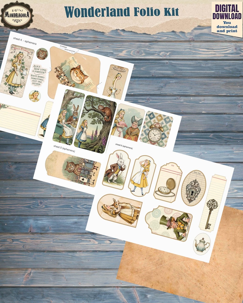 Alice in Wonderland Junk Journal Kit: Ephemera Folder Tri-fold Folio ...