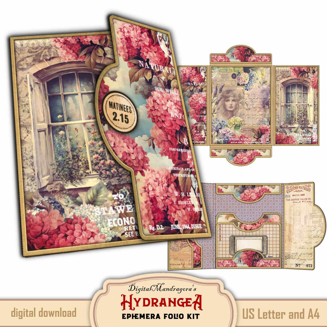 Hydrangea Hortensia Ephemera Tri-fold Loaded Folder Folio Kit, DIY Junk ...