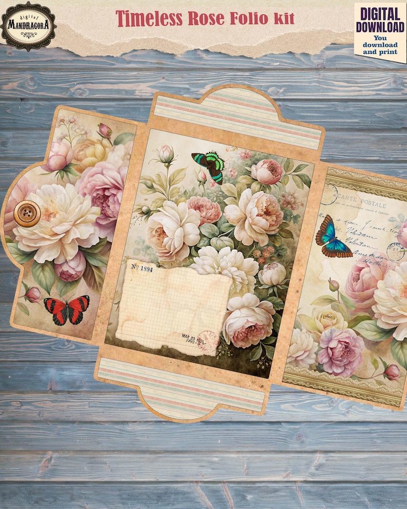 Vintage Floral Junk Journal Folio Kit – Shabby Romantic Roses Ephemera ...