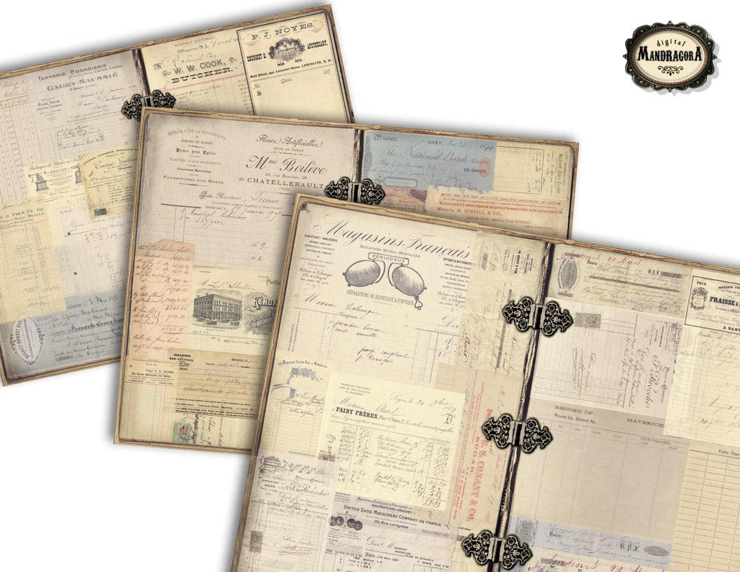 Old Open Book With Vintage Invoices, Old Receipts, Junk Journal Add-on ...