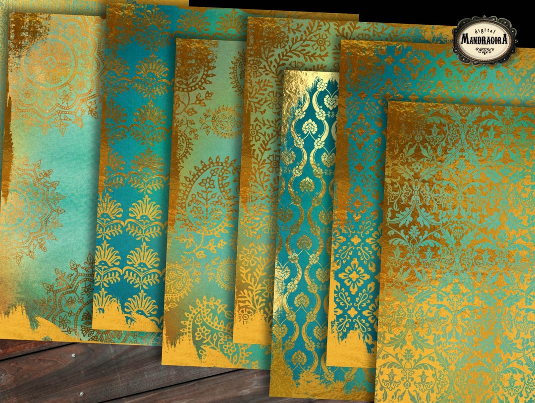 Gold Teal Green Luxury Vintage Papers, Scrapbooking Pattern Paper, Card ...