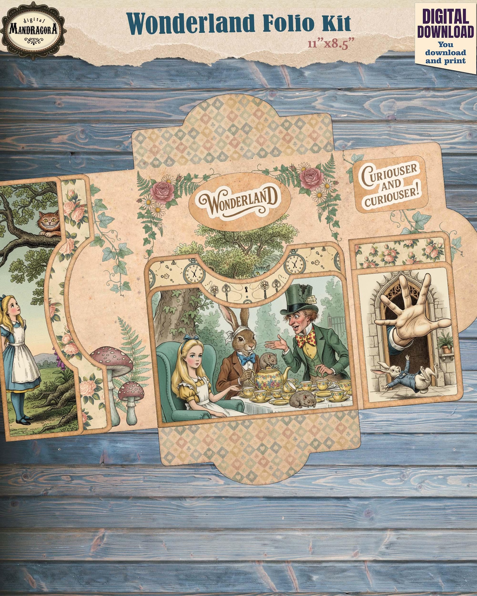 Alice in Wonderland Junk Journal Kit: Ephemera Folder Tri-fold Folio ...