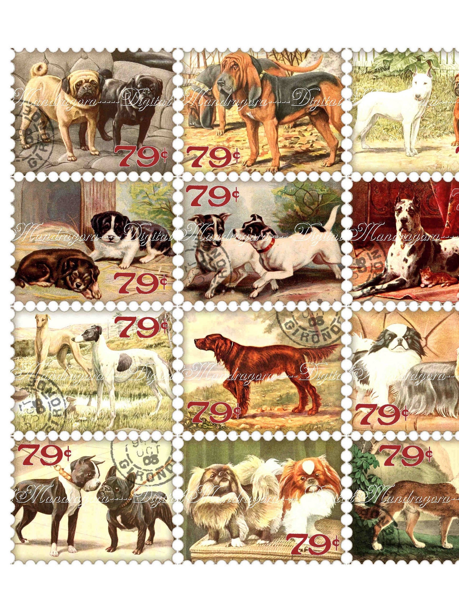 Victorian Dogs Faux Postage Stamps Journal Stamps Puppies | Etsy