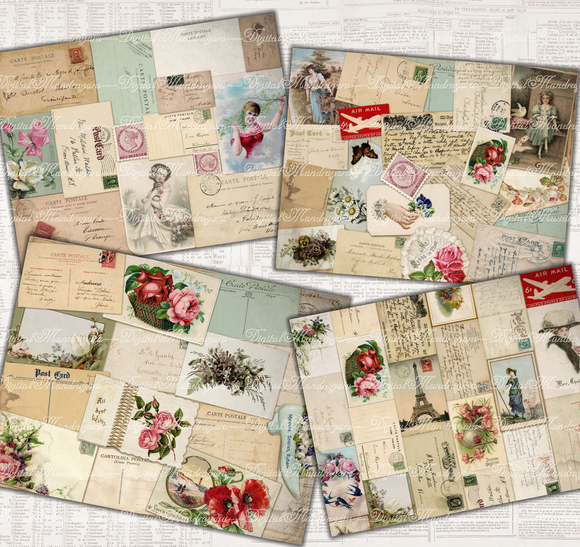 Vintage postcards scrapbooking digital collage sheets card | Etsy