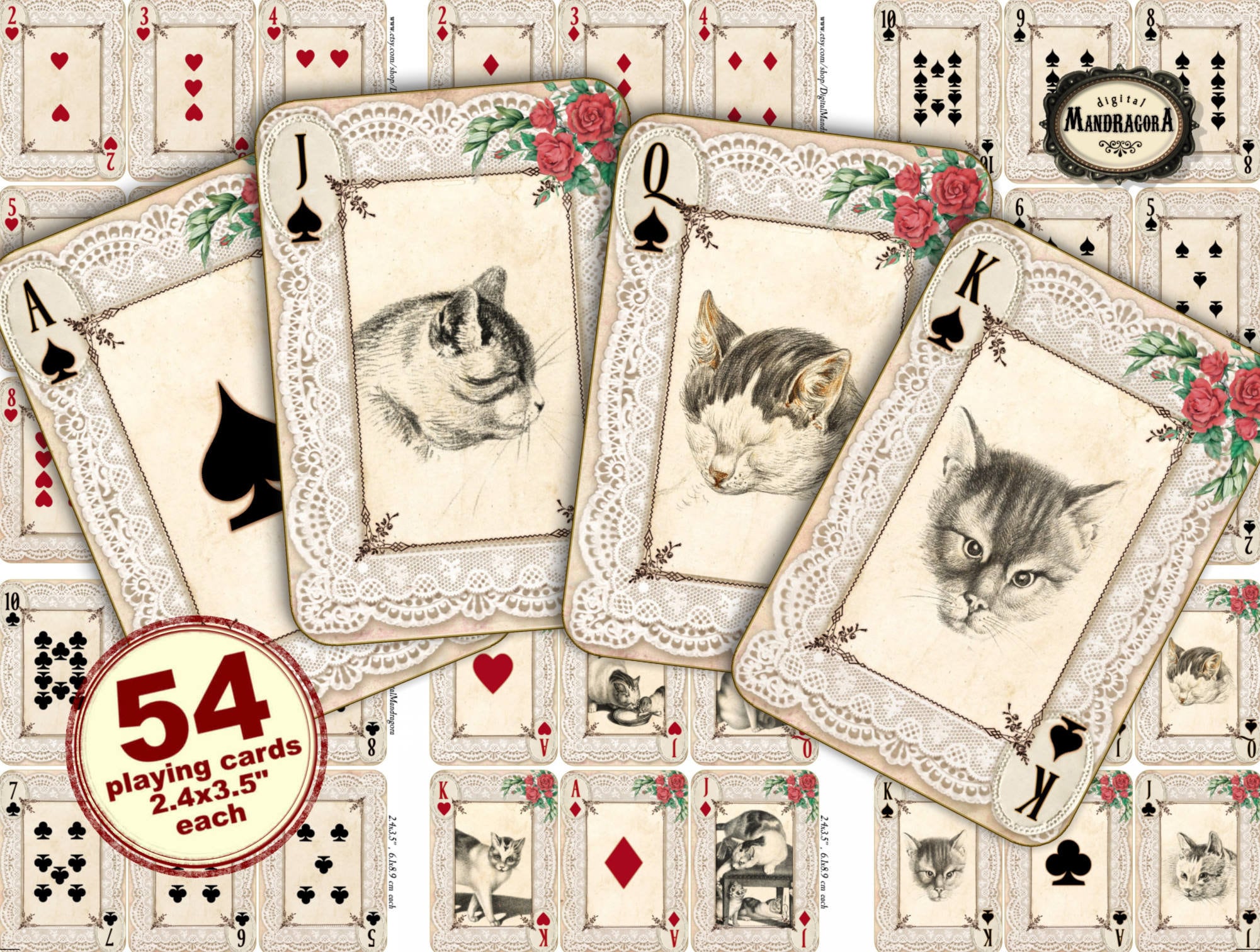 Full Deck Playing Cards With Cats Shabby Cottage Chic Kitten - Etsy