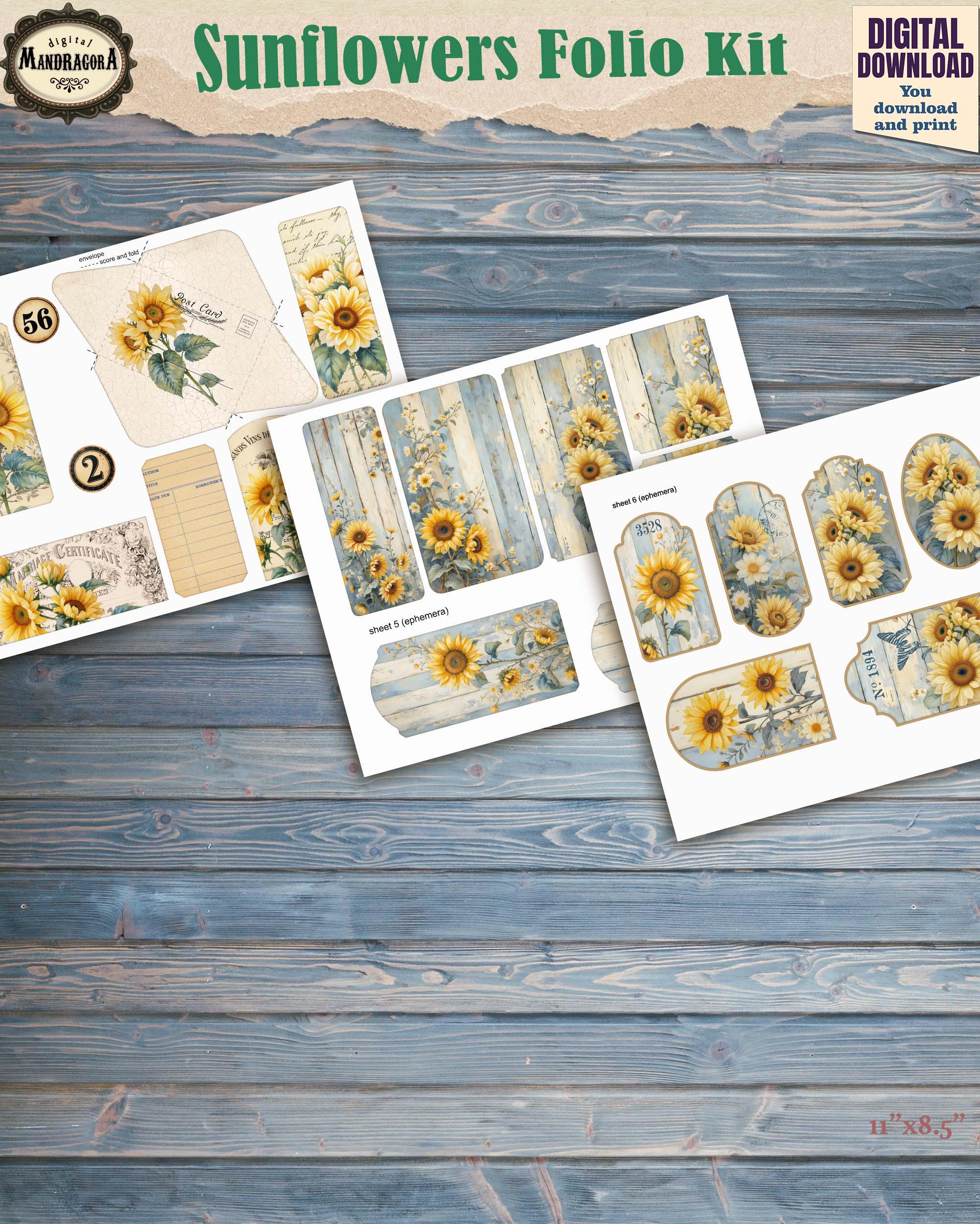 Printable Sunflower Junk Journal Folio Kit – Vintage Floral Ephemera ...