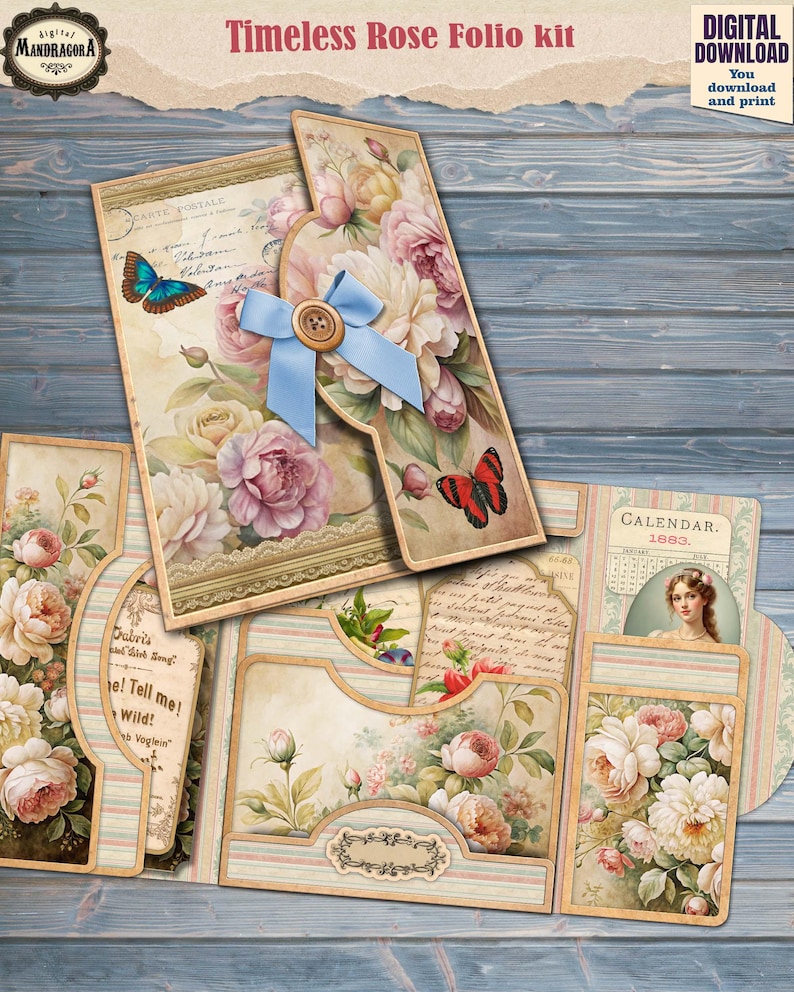 Vintage Floral Junk Journal Folio Kit – Shabby Romantic Roses Ephemera ...