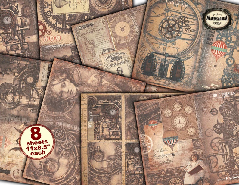 Steampunk Digital Paper Pack, Collage Sheet & Background for Crafting ...