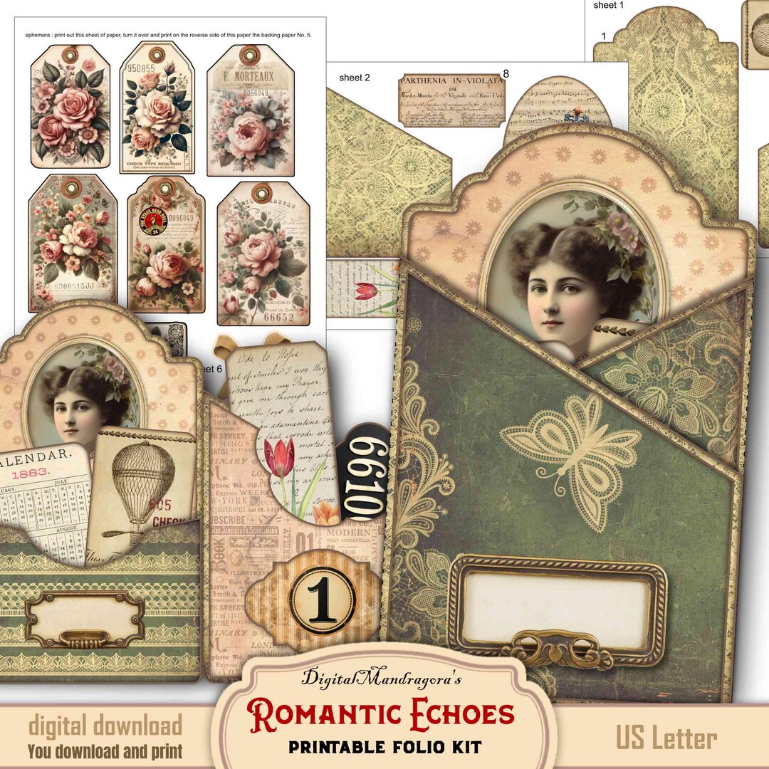 Romantic Folio Junk Journal Kit, Ephemera Holder, Digital Vintage ...
