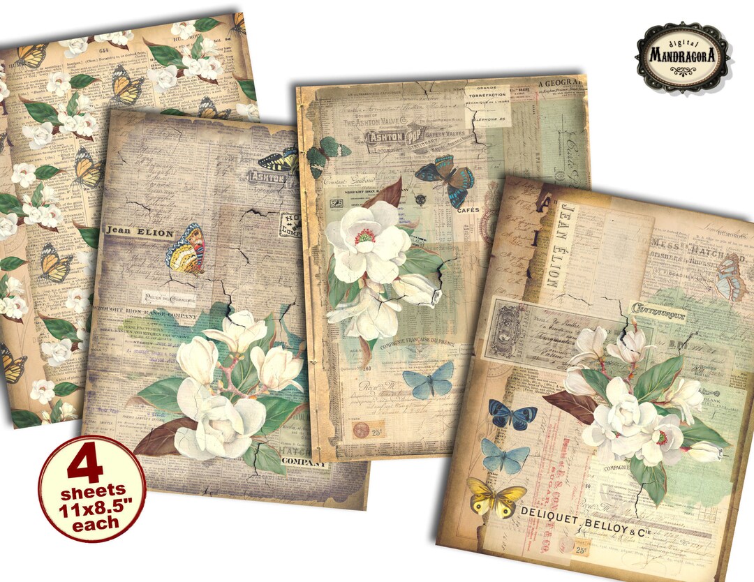 Magnolia and Butterflies Digital Grunge Decorative Paper Pack for Junk ...