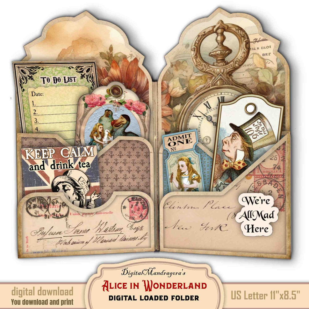 Alice in Wonderland Folio Kit, Whimsical Loaded Folder, Easy DIY Junk ...