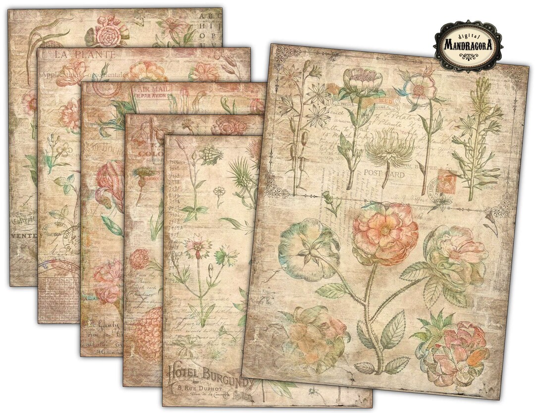 Illustrated Floral Botanical Papers grunge Distressed Plant - Etsy