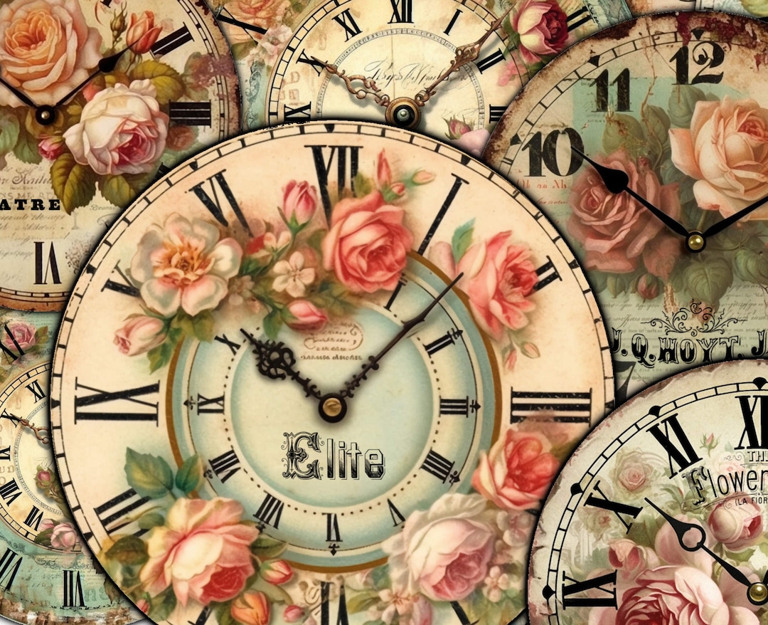 Shabby Cottage Core Clock Face Fussy Cut Collection With Roses, Vintage ...