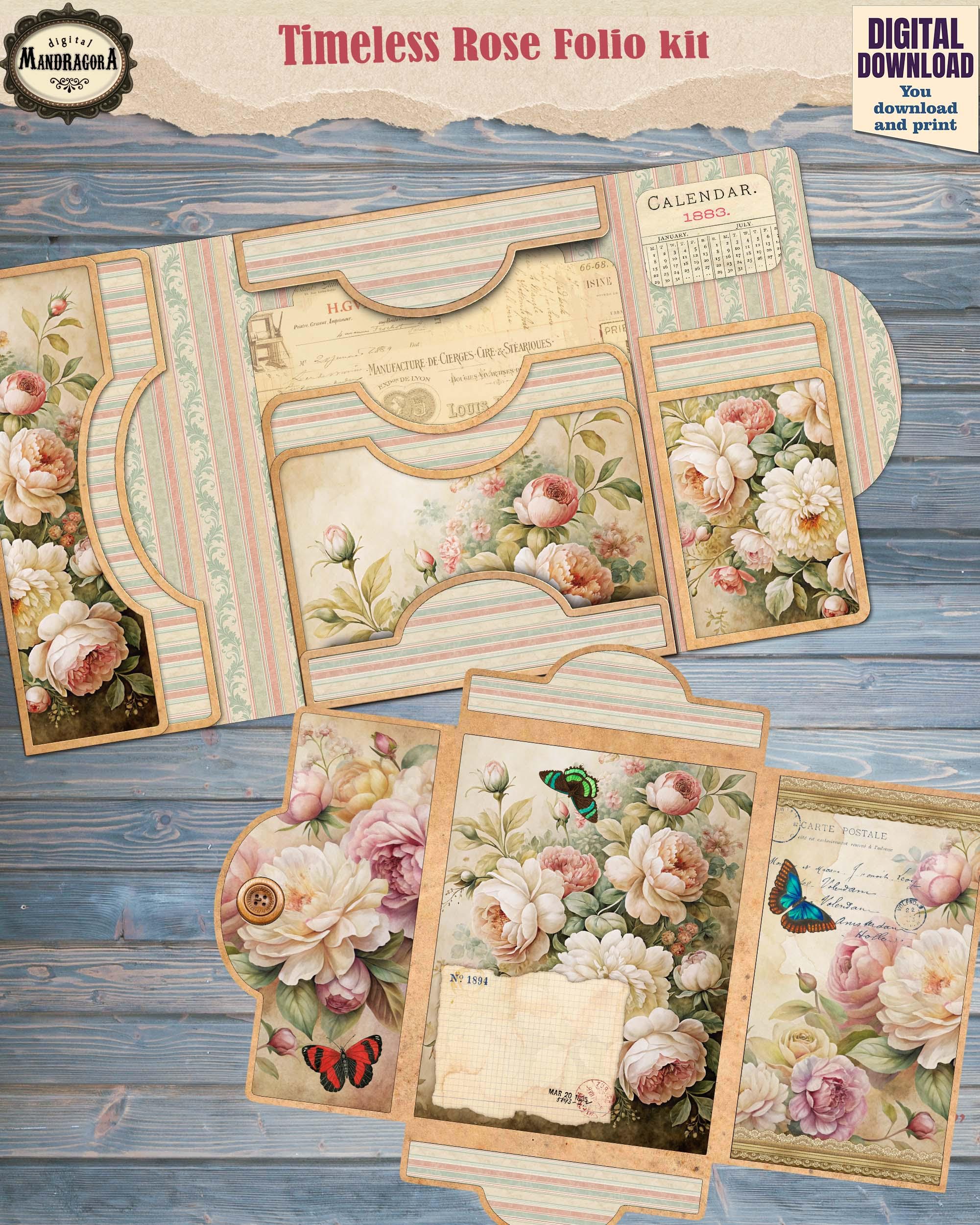 Vintage Floral Junk Journal Folio Kit – Shabby Romantic Roses Ephemera ...