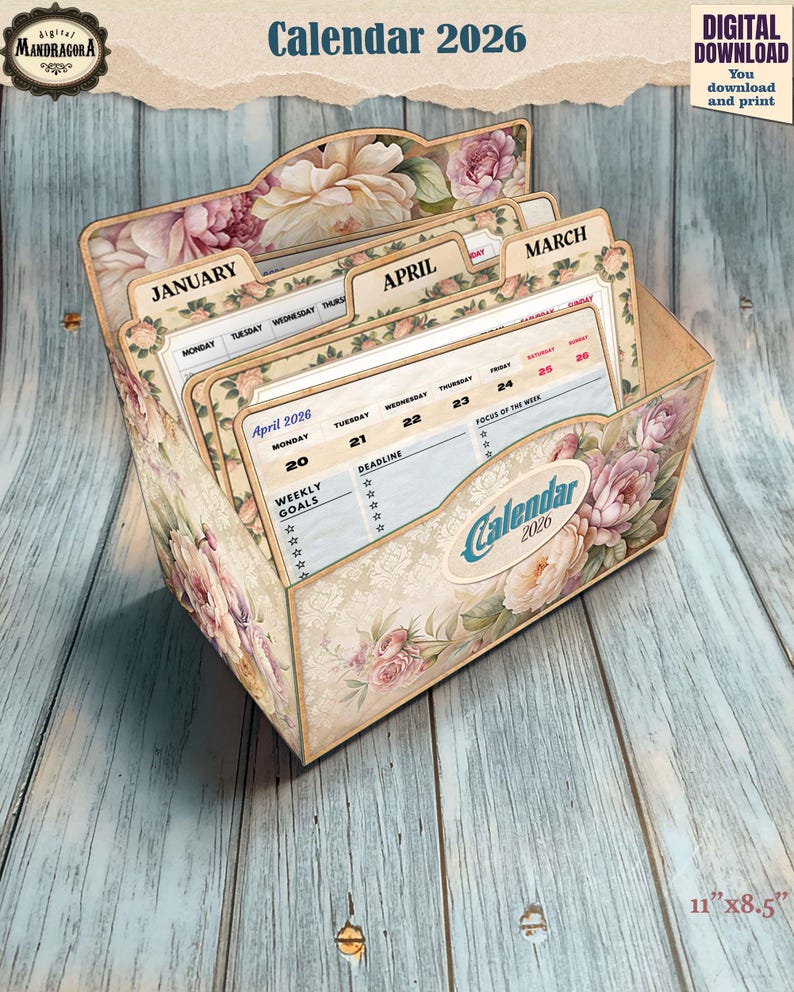 2026 Weekly Calendar Box Printable • Vintage Floral Planner Cards ...