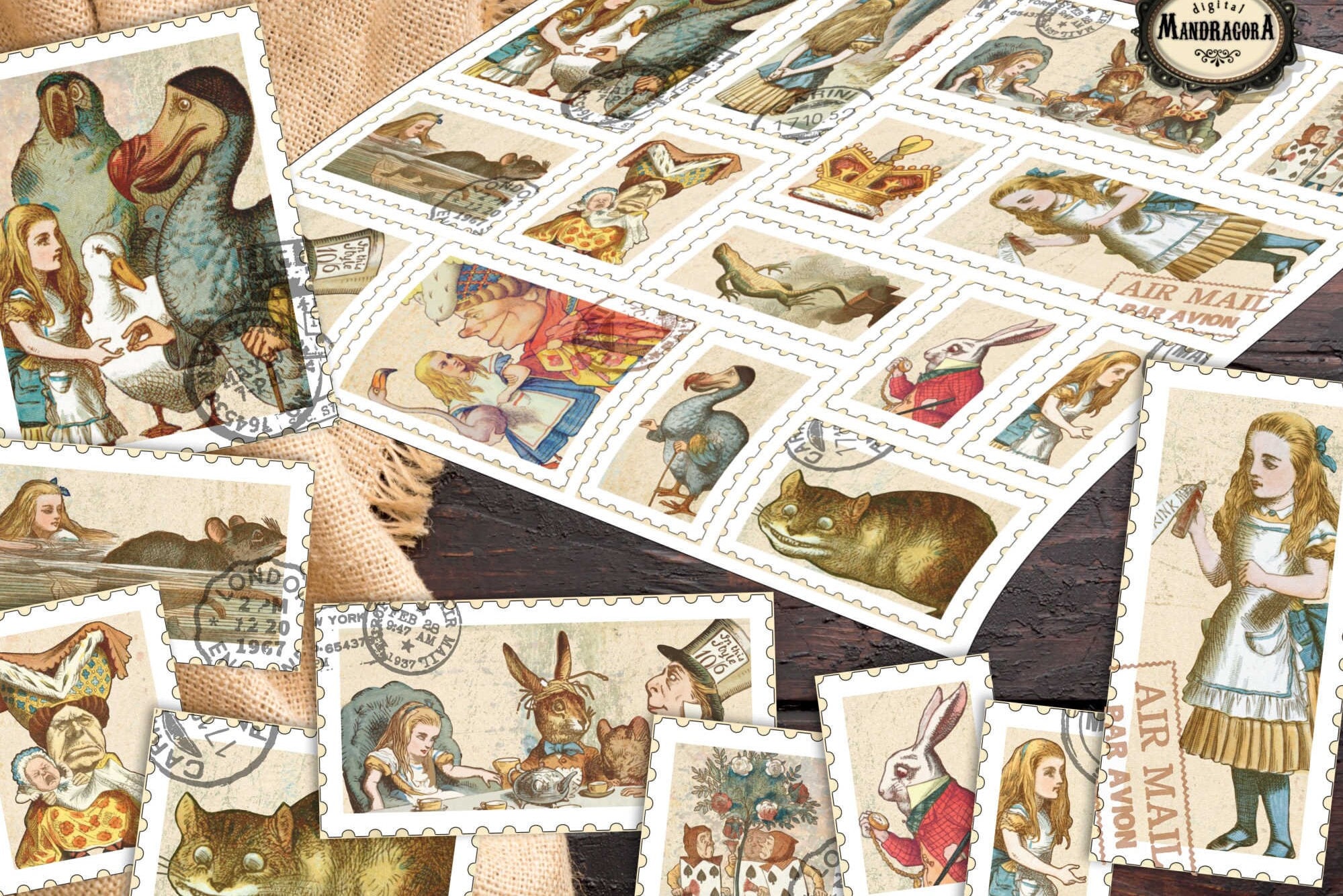 Alice in Wonderland Faux Postage Stamps: Vintage Scrapbooking (digital ...