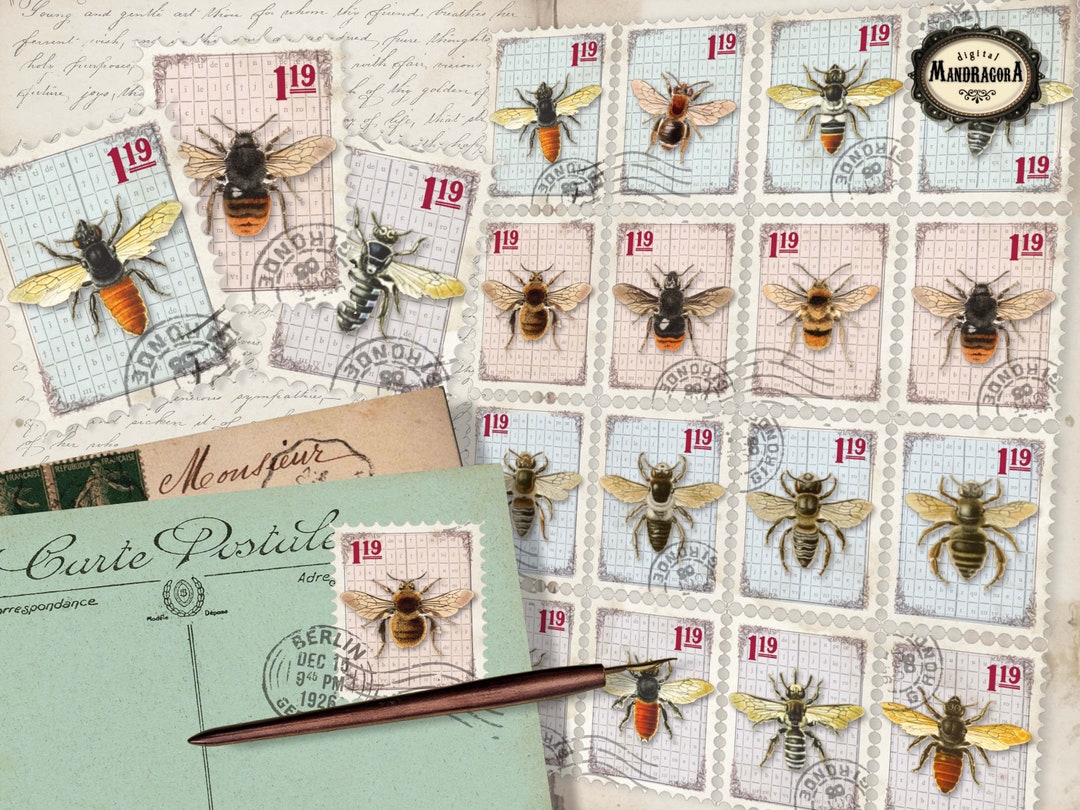 Bees Faux Postage Stamps, Bees Printable Stamps, Bees Stamp Set, Bees ...