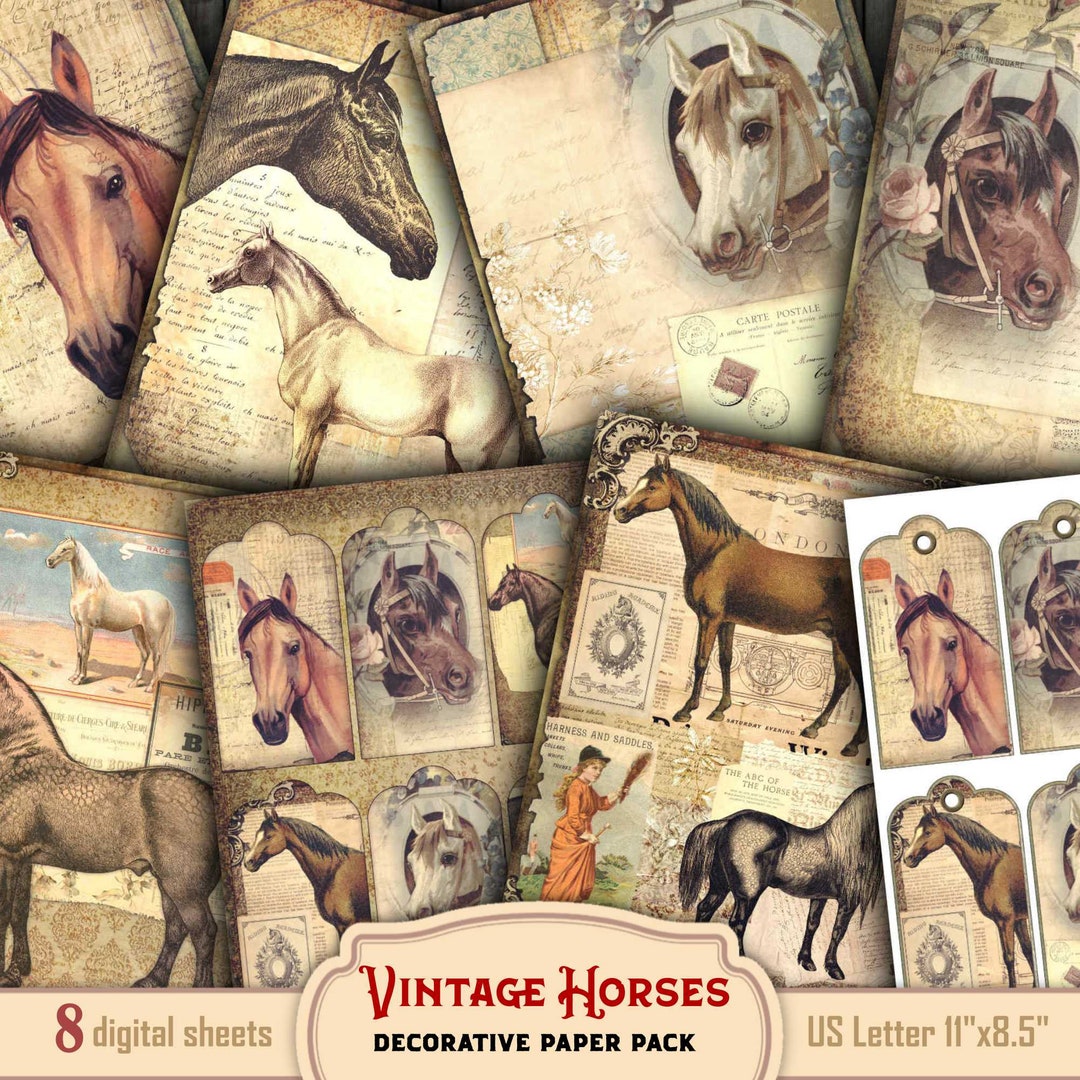 Horses Paper Pack, Equestrian Ephemera Grunge Junk Journal Add-ons Tags ...