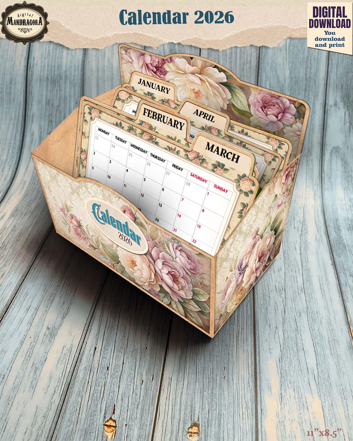 2026 Weekly Calendar Box Printable • Vintage Floral Planner Cards ...