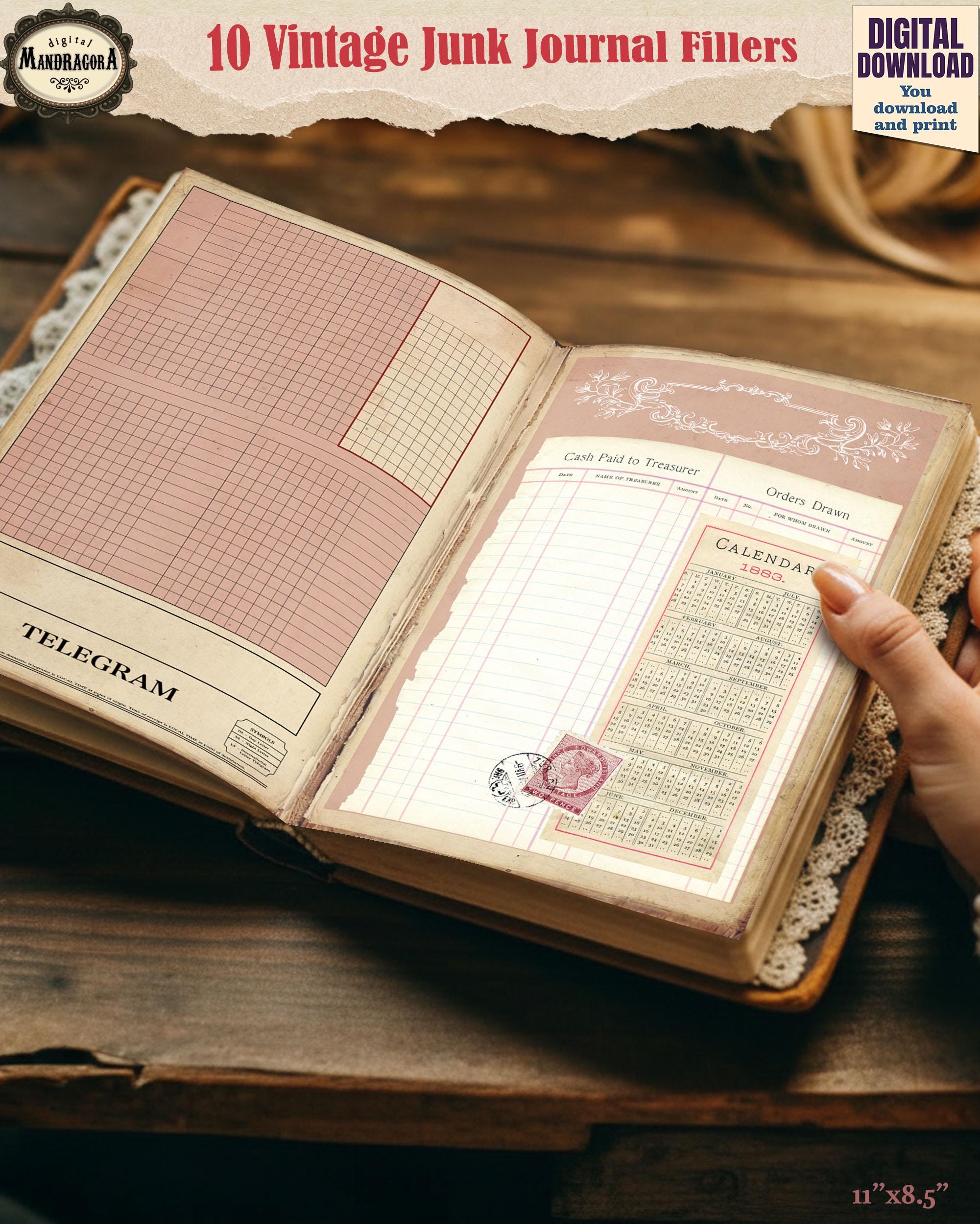 Foldable Vintage Ledger Junk Journal Spreads • Dusty Burgundy Grid ...
